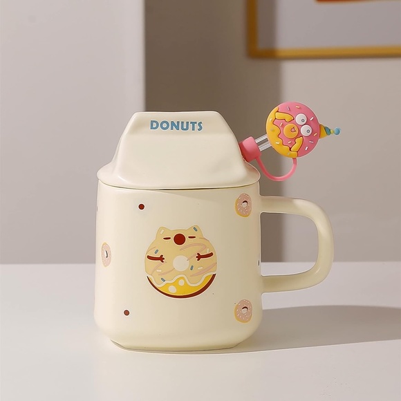 Kitchen | Donut Shape Ceramic Coffee Mug With Lid And Straw Cute Kawaii ...